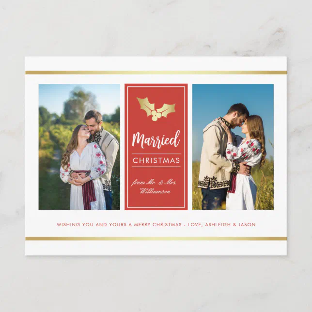 Custom Gold Holly Married Christmas Holiday Photo | Zazzle
