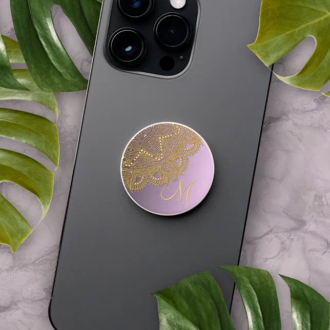 Custom Gold Mandala Art Pattern On Pink Purple PopSocket | Zazzle