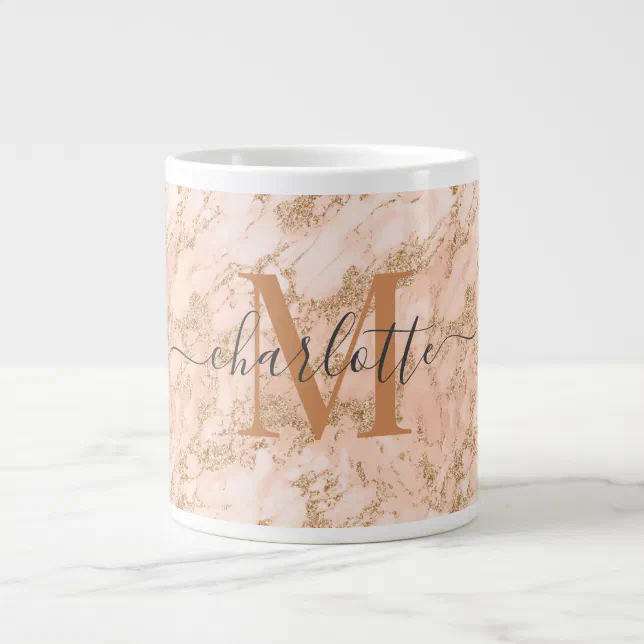 Custom Gold Pink Marble Glitter Monogram Name Giant Coffee Mug | Zazzle