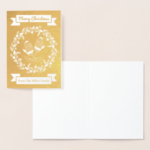 Custom Gold Wreath Mittens Christmas Card | Zazzle