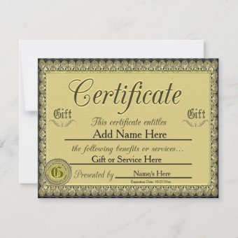 Custom Golden Gift Certificate for Invitations | Zazzle