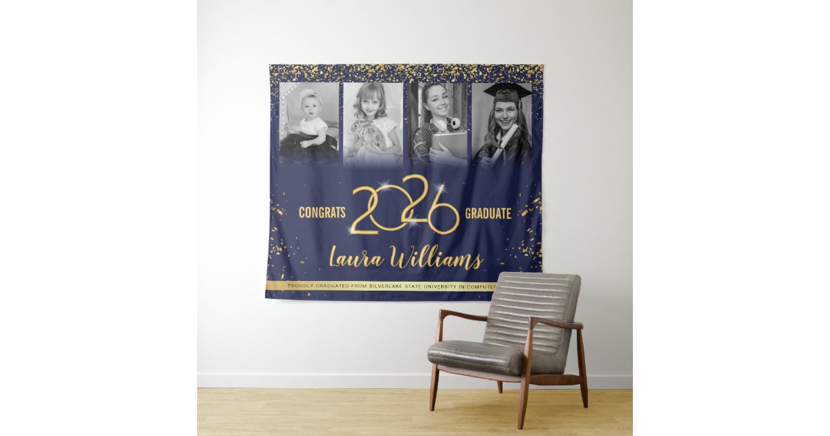 Custom Graduation Banner Photo Collage Blue Gold Tapestry | Zazzle