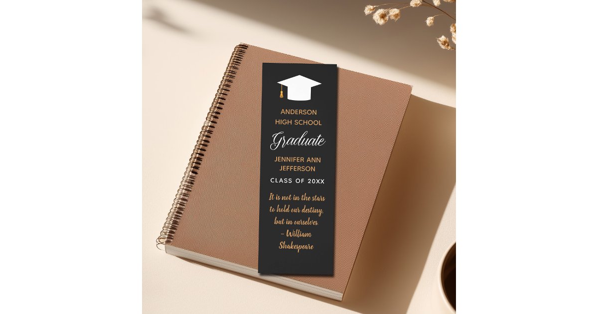 Custom Graduation Inspirational Quote Black Gold Bookmarks | Zazzle