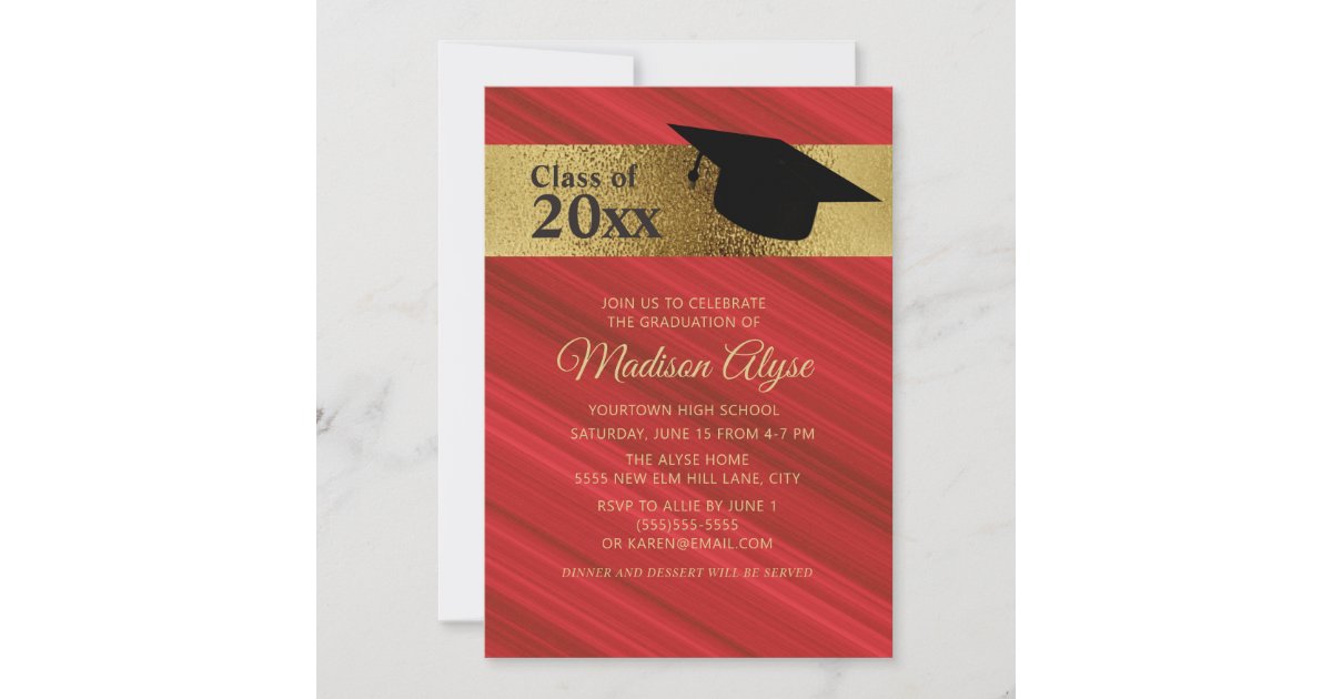 Custom Graduation Party Red Black Gold Cap Invitation | Zazzle
