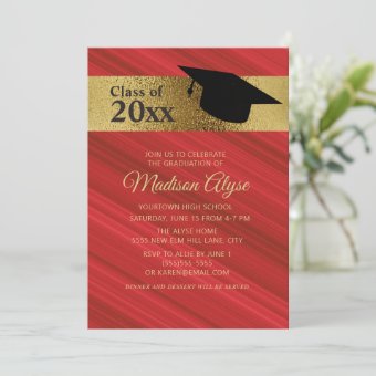 Custom Graduation Party Red Black Gold Cap Invitation | Zazzle