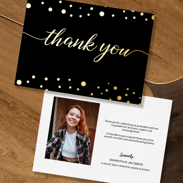 Custom Graduation Thank you Script photo Message Foil Holiday Card | Zazzle