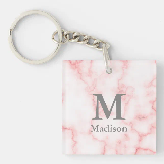 Custom Gray Monogram and Name on Pink Marble Look Keychain | Zazzle