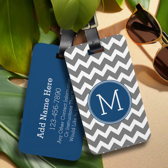 Custom Gray Navy Blue Chevron Pattern Monogram Luggage Tag | Zazzle