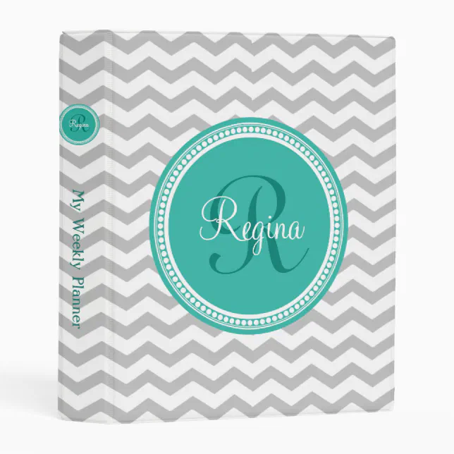 Custom Gray Teal Chevron Monogram Personalized Mini Binder | Zazzle
