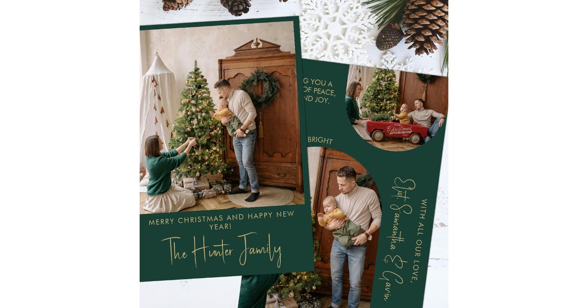 Custom Green And Gold Minimalist Arch Family Photo Holiday Card | Zazzle