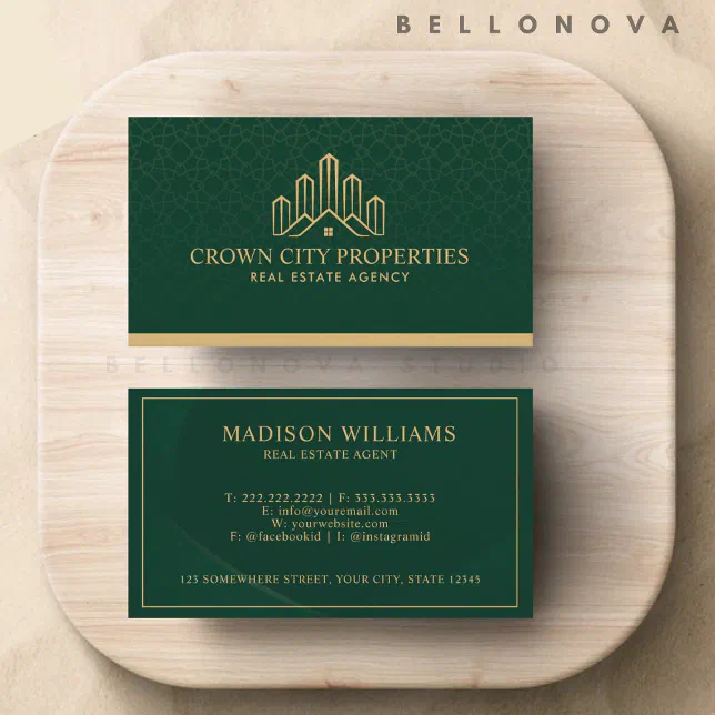 Custom Green And Gold Pattern Real Estate Agent Business Card | Zazzle