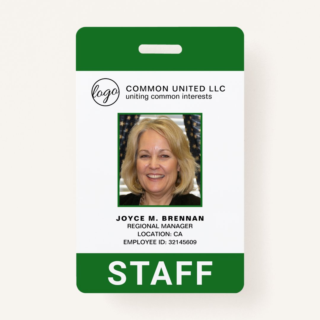 Custom Green Business Logo Employee Photo ID Badge | Zazzle
