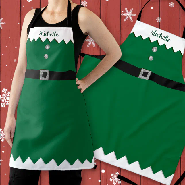 Custom Green Silver Glitter Workshop Elf Christmas Apron | Zazzle