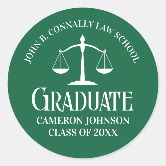 Custom Green White Law School Graduation Party Classic Round Sticker ...