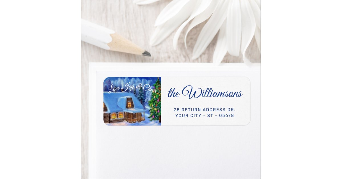 Custom Greeting Text Log Cabin Cottage Xmas Tree Label | Zazzle