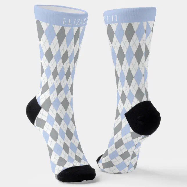 Custom Grey Blue White Argyle Pattern Socks | Zazzle