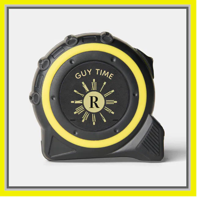 Custom Guy Time Clock Monogram Black Gold Tape Measure | Zazzle