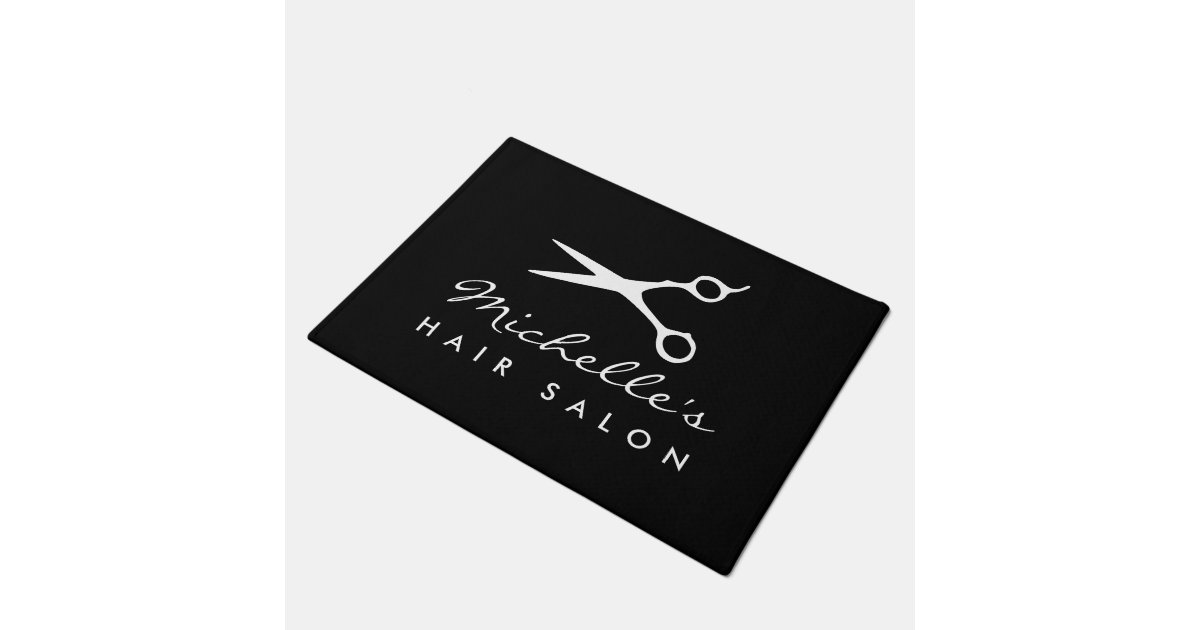 Custom hair salon door mat with barber scissors | Zazzle