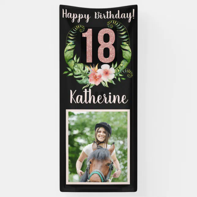 Custom Happy 18th Birthday Pink Glitter Photo Banner | Zazzle