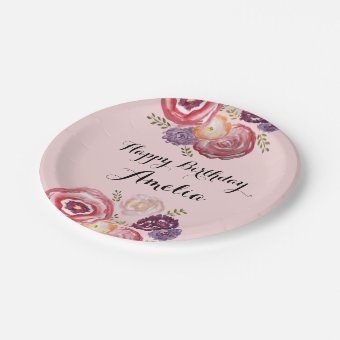 Custom Happy Birthday Pink Flower Paper Plate | Zazzle