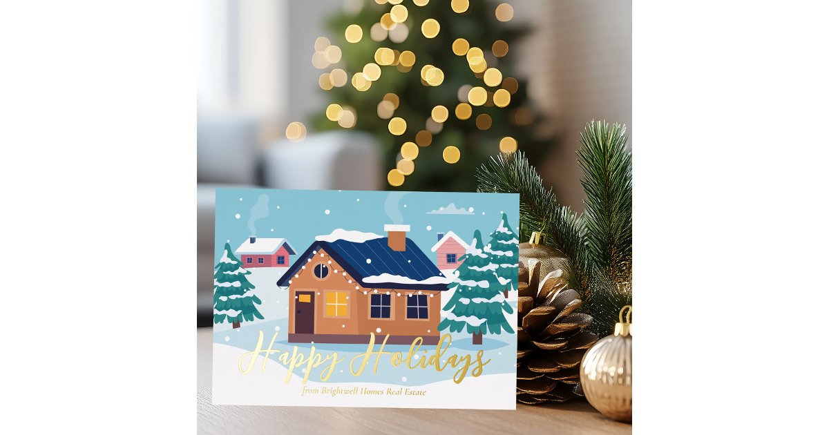 Custom Happy Holidays Real Estate Company Gold Foil Holiday Card | Zazzle