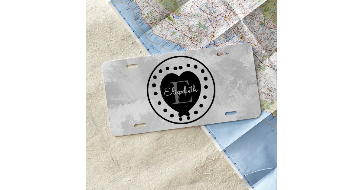 Custom Heart Initial Letter Monogram Black Gray License Plate | Zazzle