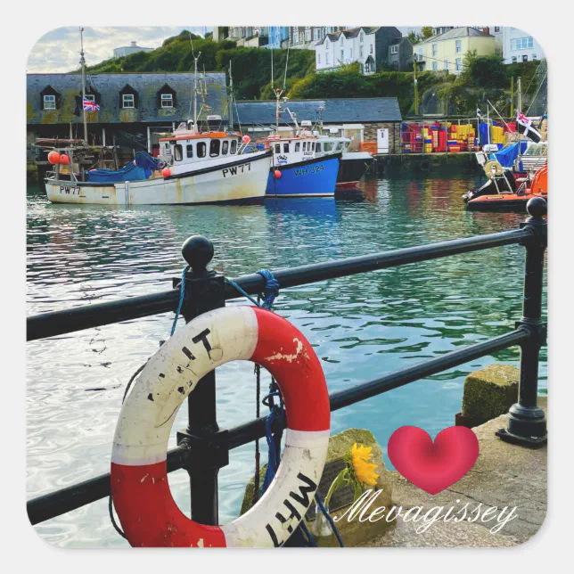 Custom Heart Mevagissey Harbor Lifebuoy Cornwall Square Sticker | Zazzle