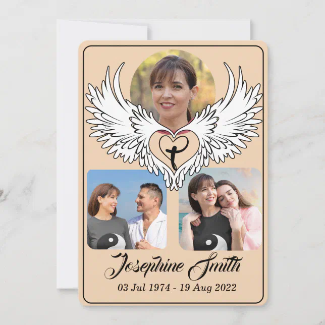 Custom Heart Wings 3 Photo Funeral Invitation | Zazzle