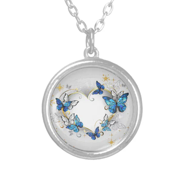 Custom Heart with Butterflies Morpho Silver Plated Necklace | Zazzle