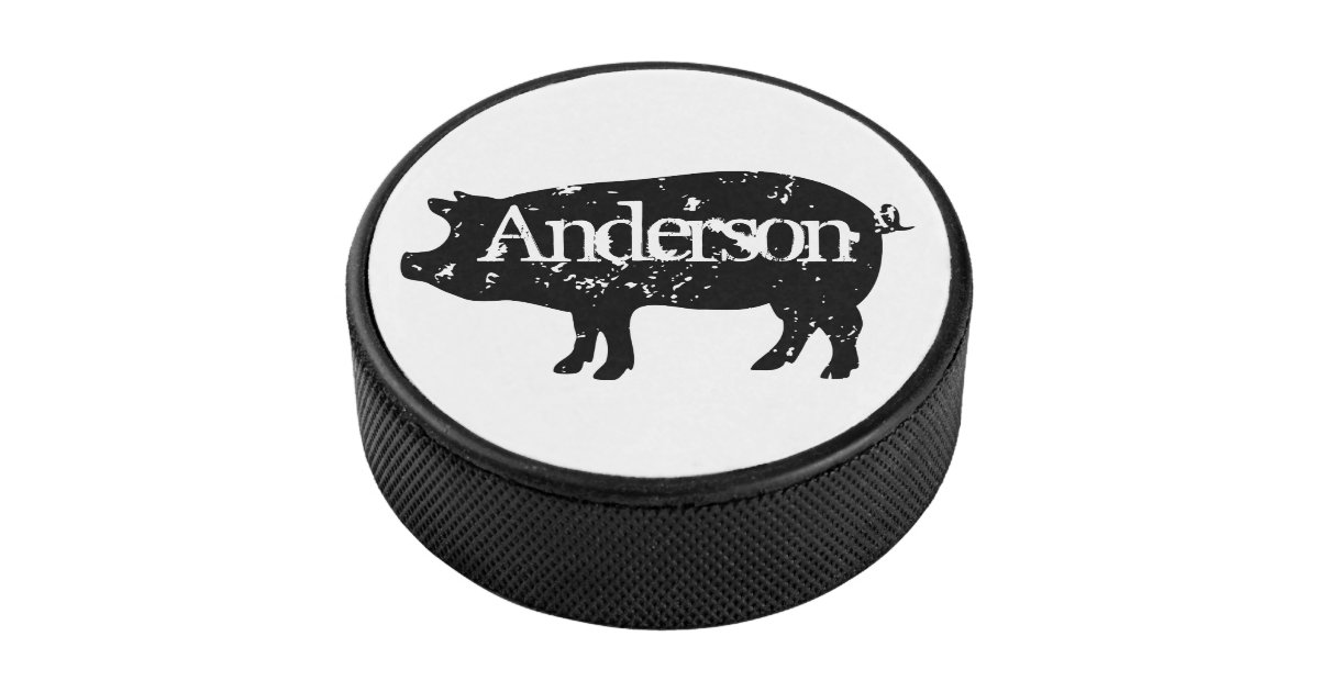 Custom hockey puck with vintage pig logo | Zazzle