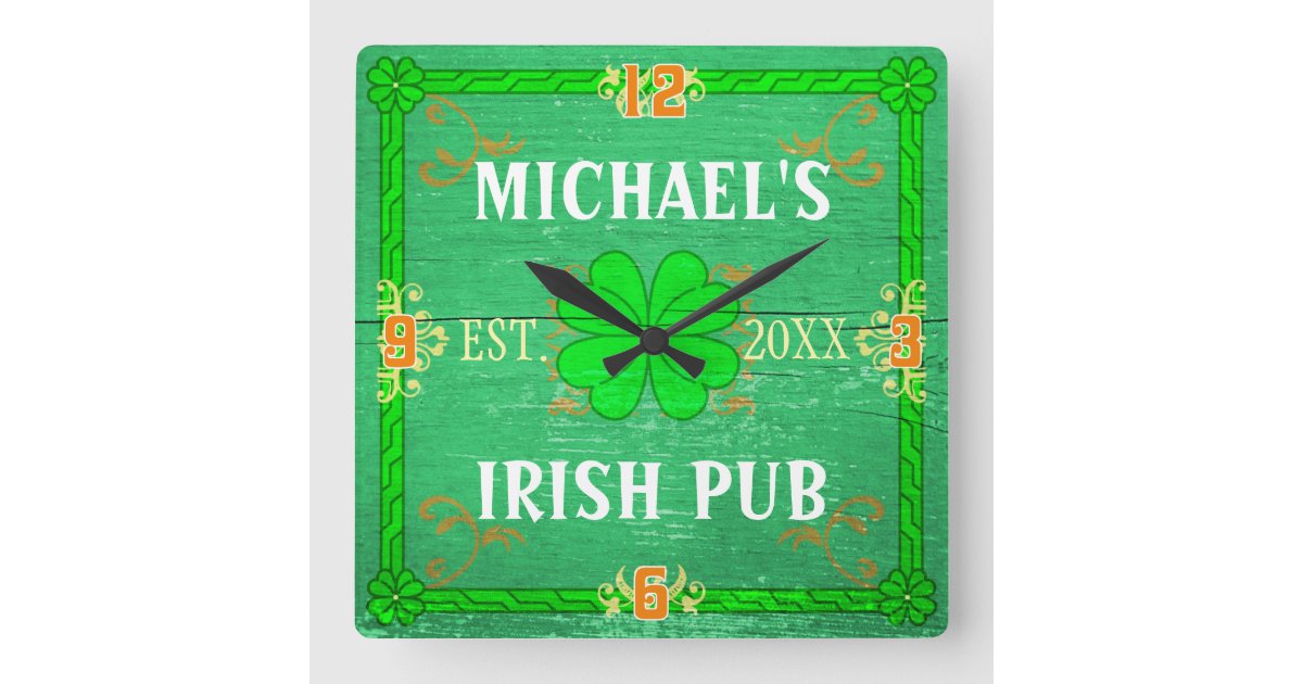 Custom Home Bar Irish Pub Green Wood with Name Square Wall Clock | Zazzle