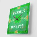 Custom Home Bar Irish Pub Green Wood with Name Square Wall Clock | Zazzle