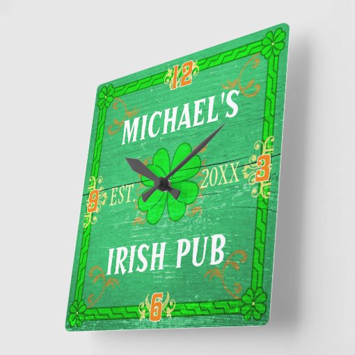 Custom Home Bar Irish Pub Green Wood with Name Square Wall Clock | Zazzle