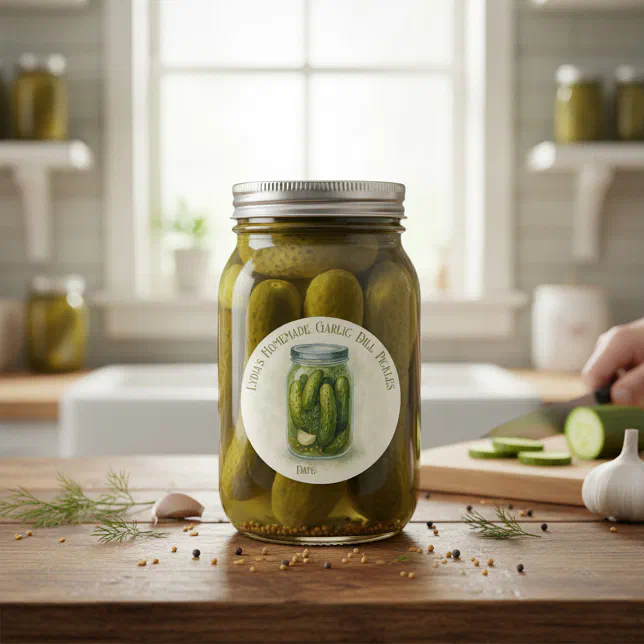 Custom Homemade Garlic Dill Pickles Classic Round Sticker | Zazzle