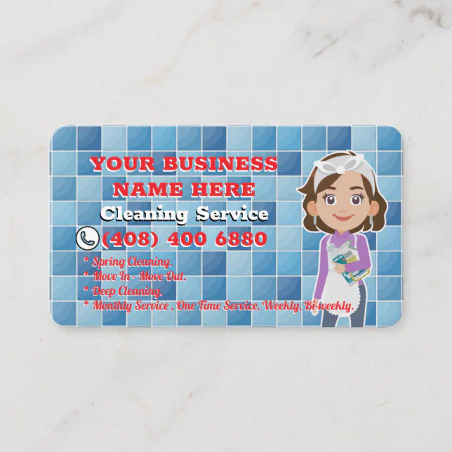 Custom House Cleaning Service Janitor Maid Cartoon Business Card | Zazzle