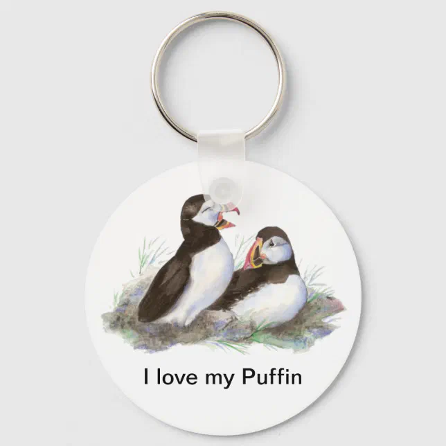 Custom "I love my Puffin", Cute Watercolor Puffins Keychain | Zazzle