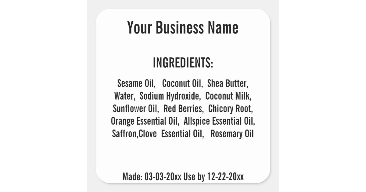 Custom Ingredient List Handmade Soap Skincare Square Sticker | Zazzle