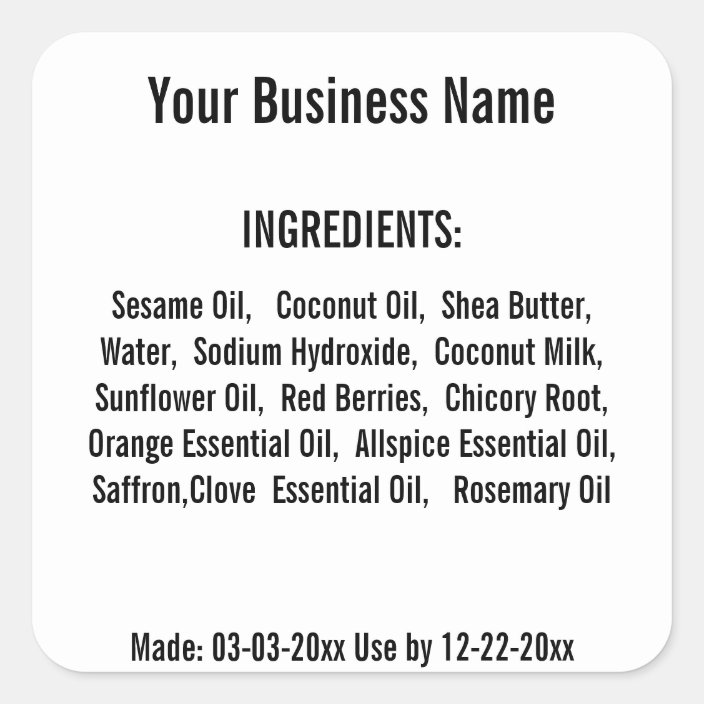 Custom Ingredient List Handmade Soap Skincare Square Sticker | Zazzle.com