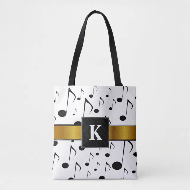 Custom Initial + Many Musical Notes Pattern Tote Bag | Zazzle