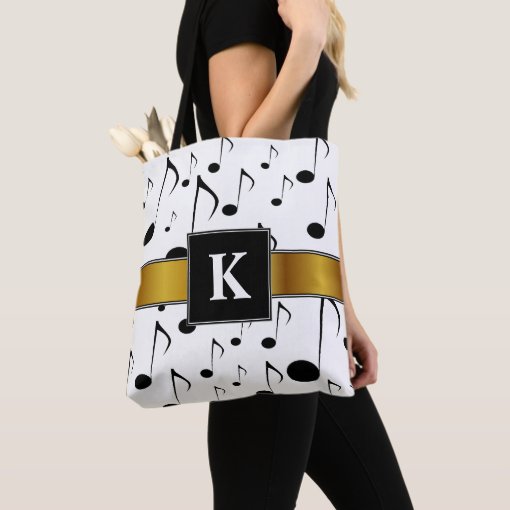 Custom Initial + Many Musical Notes Pattern Tote Bag | Zazzle