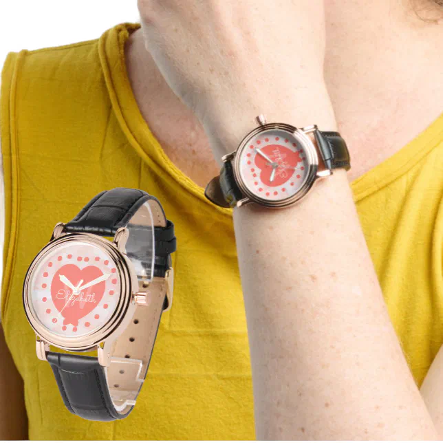 Custom Initial Monogram Coral Watercolor Heart Watch | Zazzle