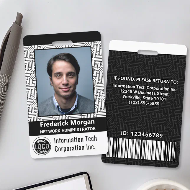 Custom IT Computer Employee Photo Bar Code Logo Badge | Zazzle