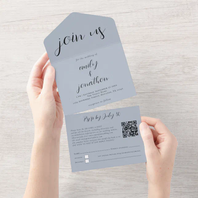 Custom Join Us QR Code Modern Script Dusty Blue Al All In One ...