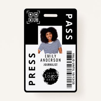 Custom Journalist Press Pass Photo ID Logo | Black Badge | Zazzle