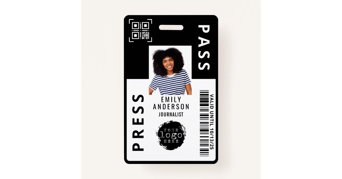 Custom Journalist Press Pass Photo ID Logo | Black Badge | Zazzle