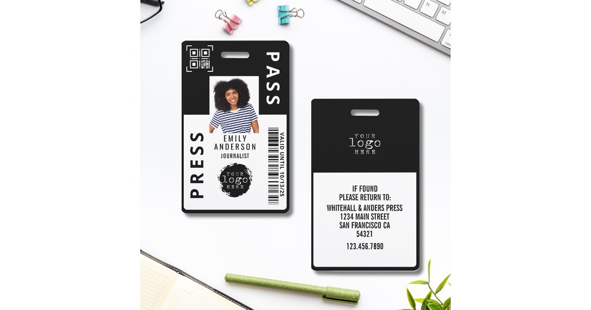 Custom Journalist Press Pass Photo ID Logo | Black Badge | Zazzle