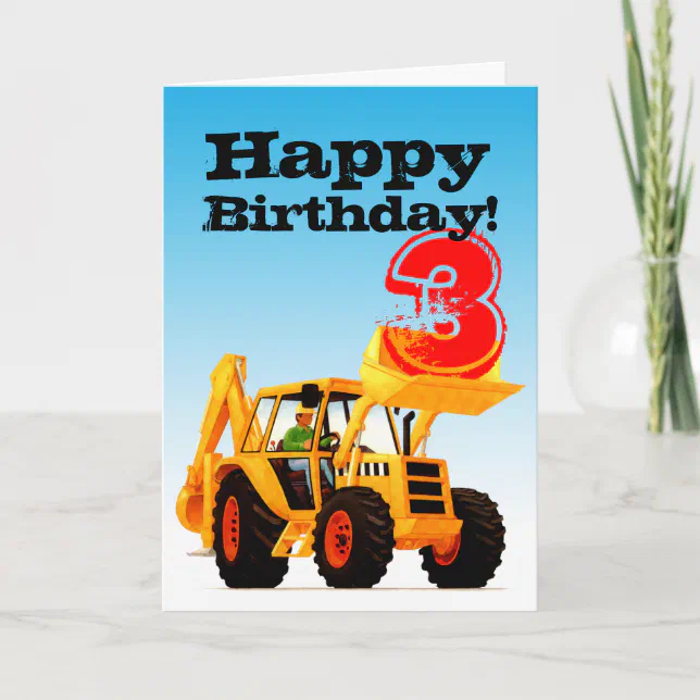 Custom Kid's Yellow Digger 3rd Birthday Card | Zazzle
