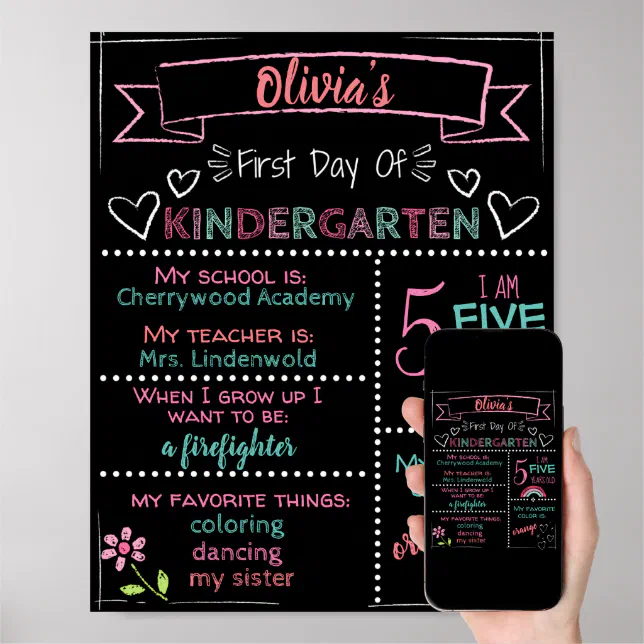 Custom Kindergarten First Day Chalkboard Sign | Zazzle