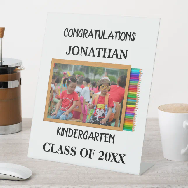 Custom kindergarten graduate chalkboard photo pedestal sign | Zazzle