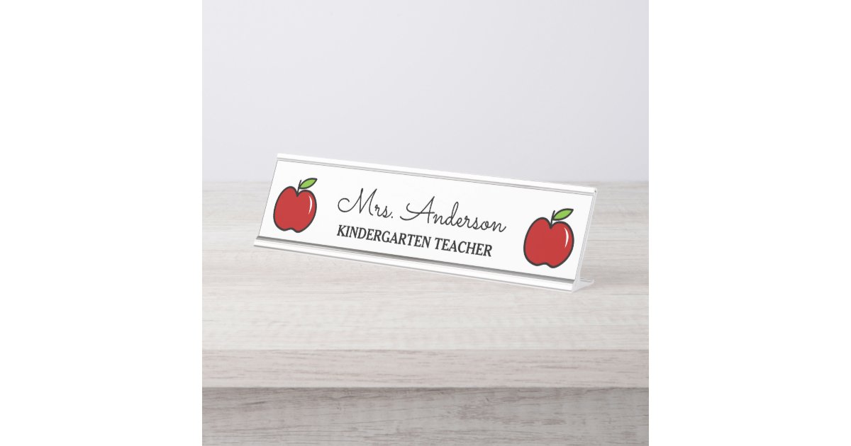 Custom kindergarten school teacher red apple logo desk name plate | Zazzle